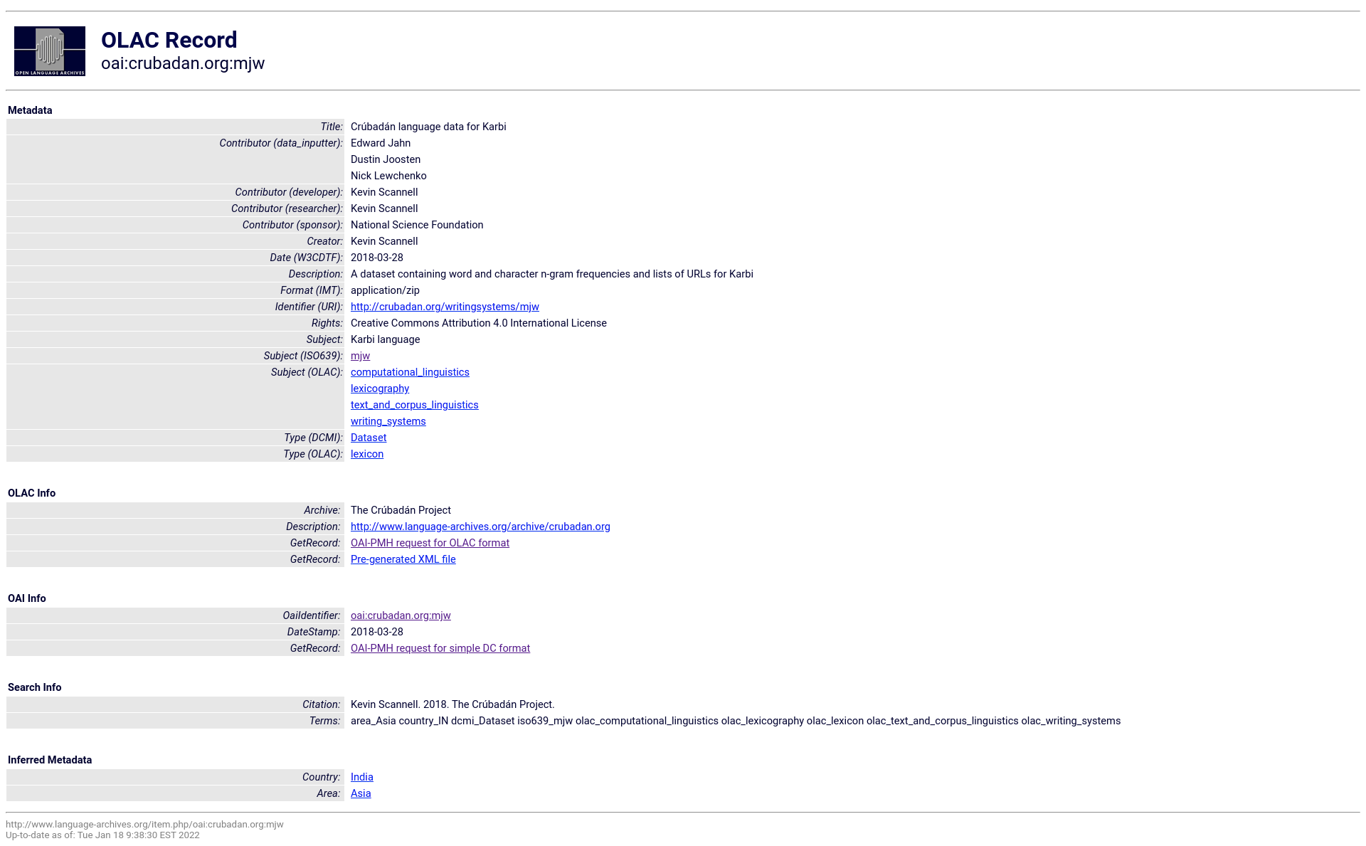 An Analysis of Crubadan OLAC Records | Hugh's Curriculum Vitae
